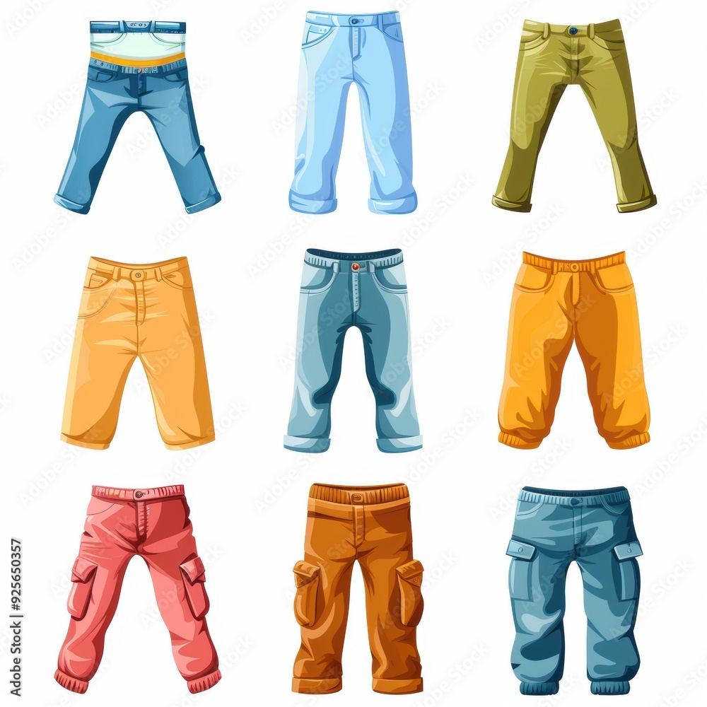 A set of pants with different colors and styles. The pants are arranged ...