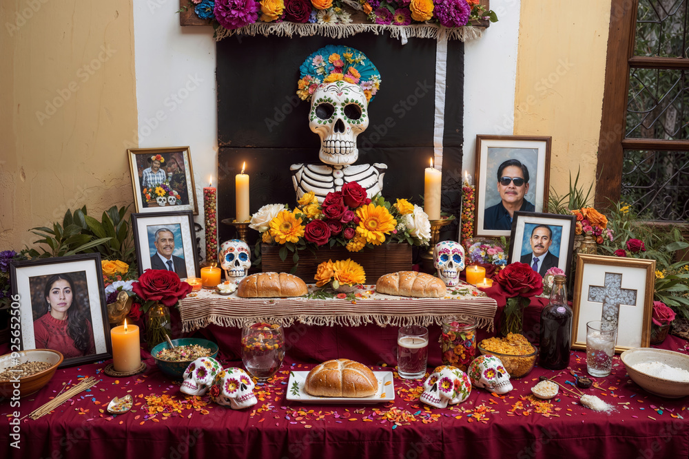 Front view of Day of the Dead family altar with photos of the deceased ...