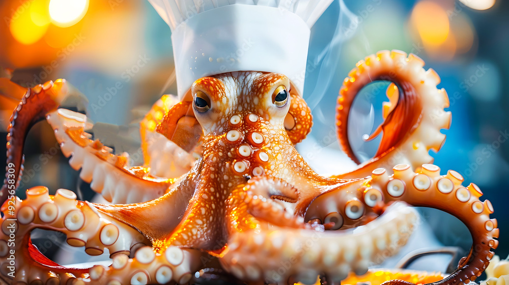 Octopus Chef Wearing White Hat Holding a Spoon in a Culinary Cooking ...
