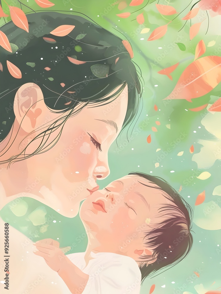 A mother tenderly kisses her sleeping baby amidst a dreamy backdrop of ...