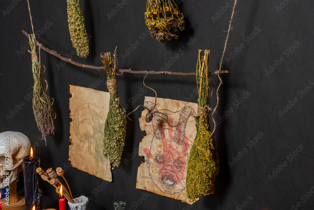 Old witch book Ancient parchment paper page with image of devil head ...