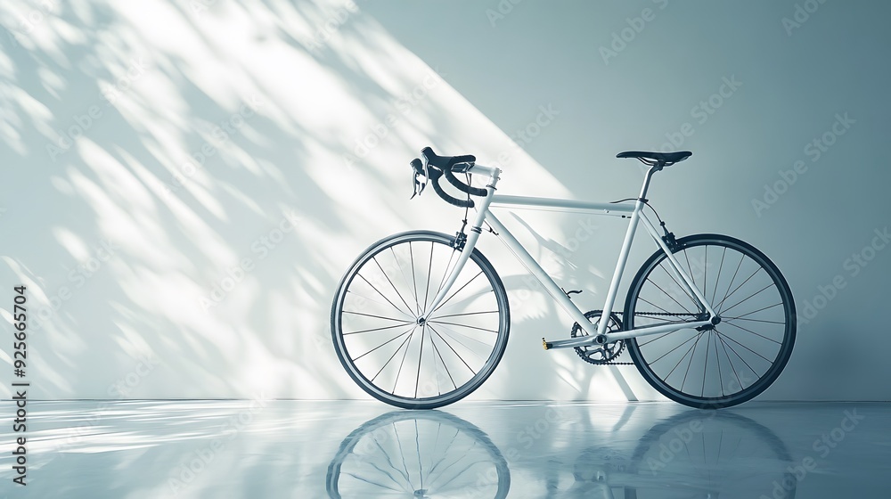 Minimalist white road bicycle, sleek modern design, clean white wall ...