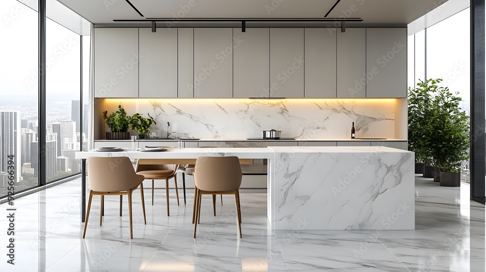 Modern minimalist kitchen, white marble countertops and backsplash ...