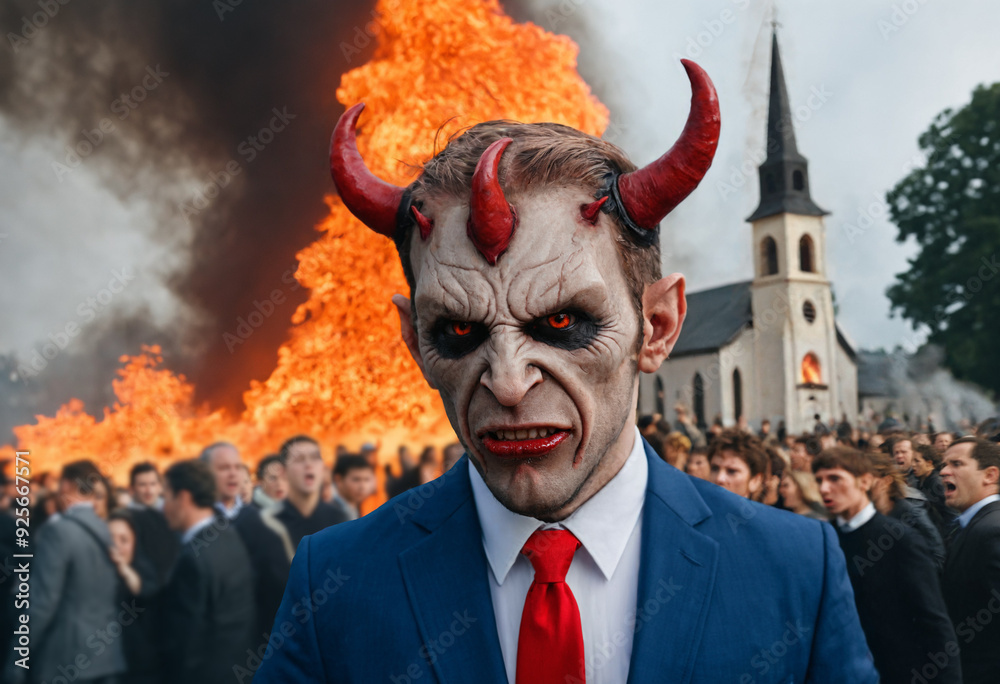 burning church, Satan in a business suit with red horns and glowing ...