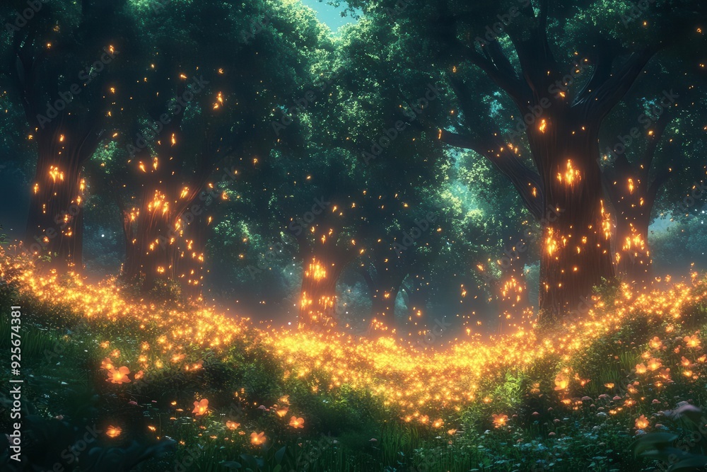 lush fantasy forest with bioluminescent plants towering trees with glowing fronds mystical ...