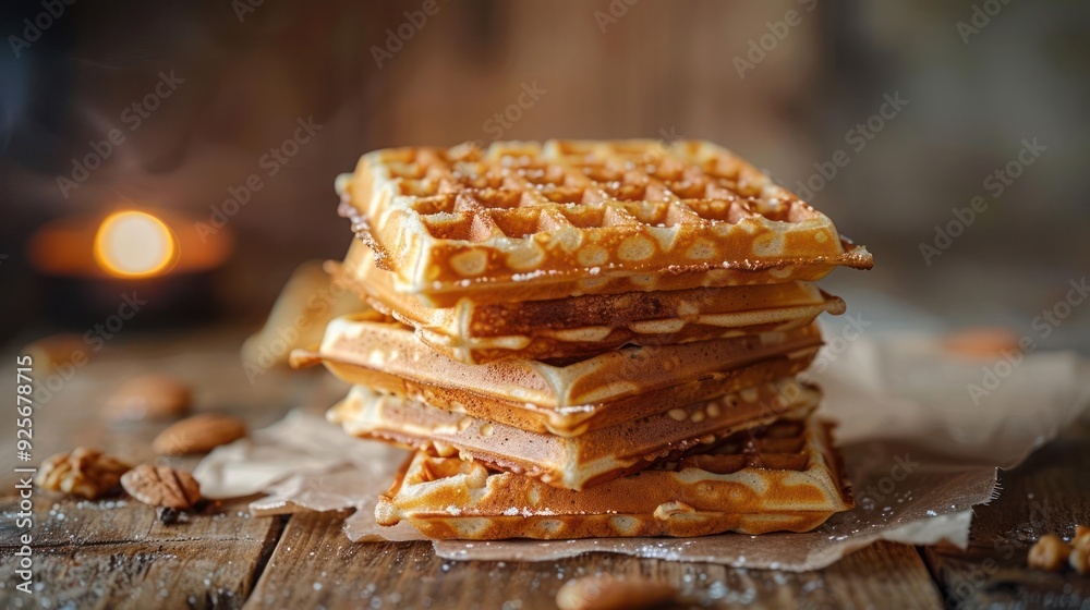 Four waffles stacked on a wooden table, with syrup and nuts around them ...