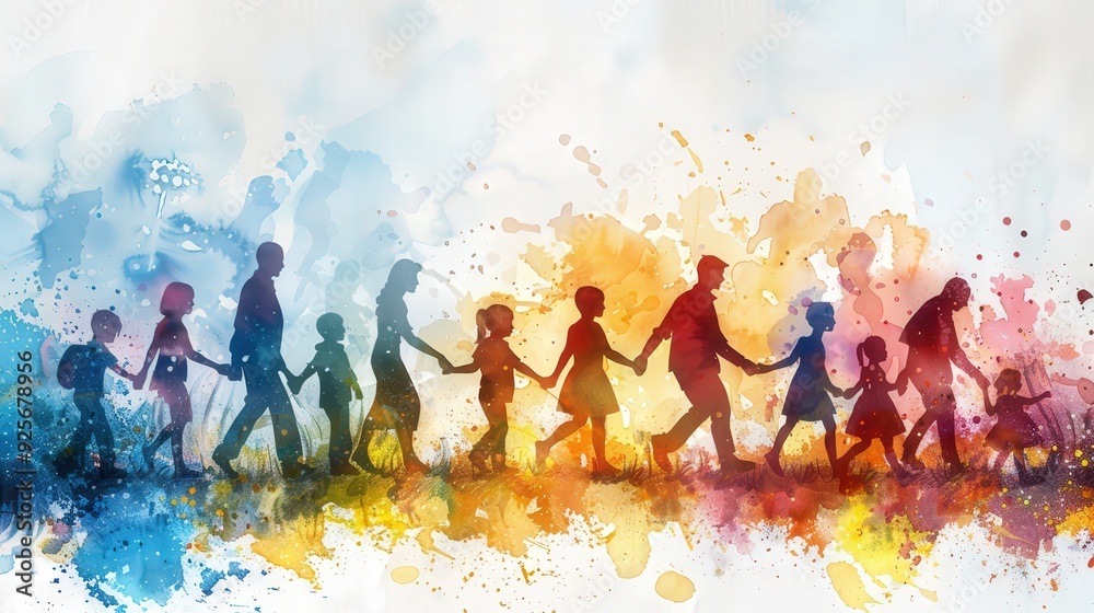 Design a watercolor banner with silhouettes representing different ages ...