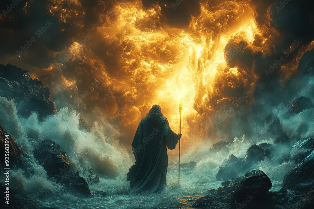 moses parting the red sea dramatic stormy sky glowing staff fleeing ...