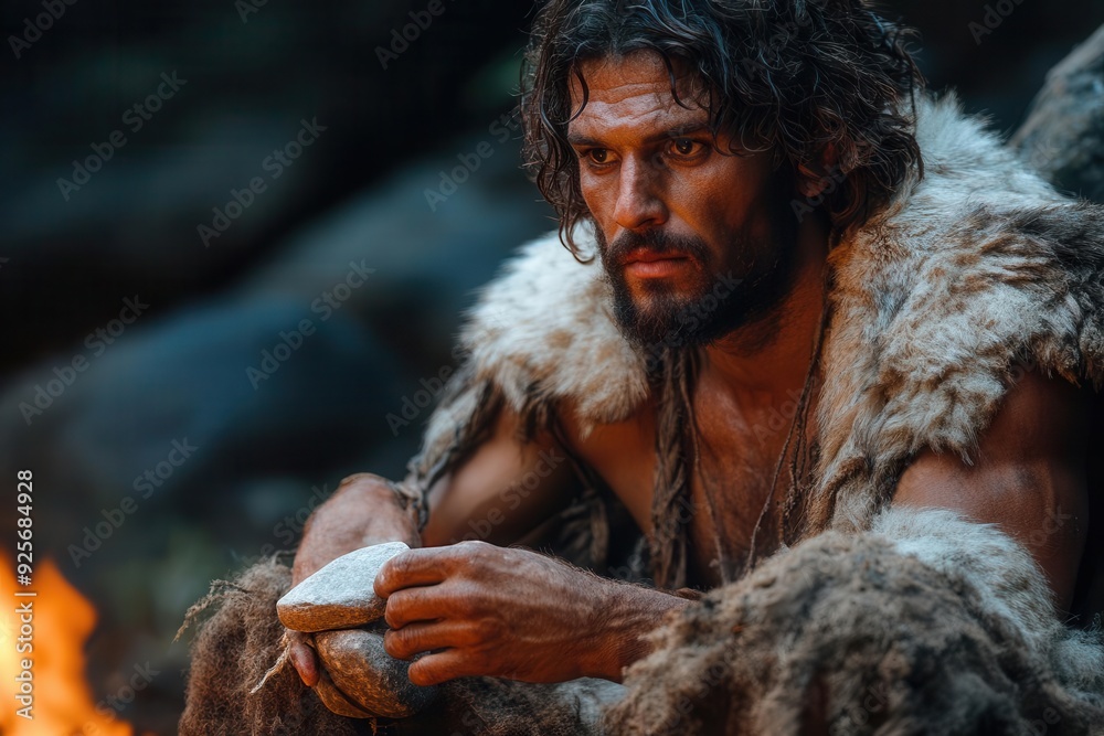 neanderthal crafting stone tools prehistoric cave dwelling backdrop ...