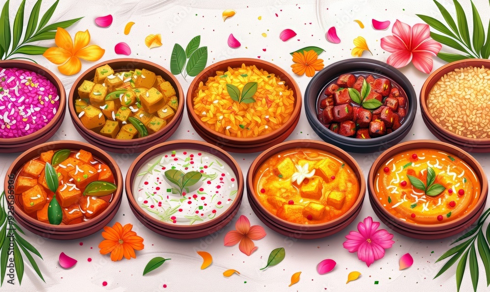 Assorted indian food on palm leaves background. Bowls with different ...