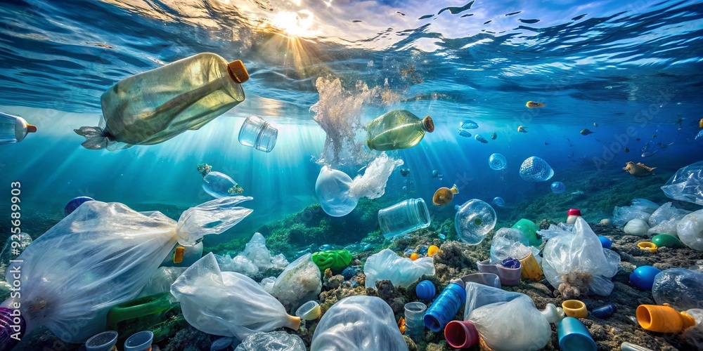 Stock photo of underwater plastic pollution showing discarded plastic ...