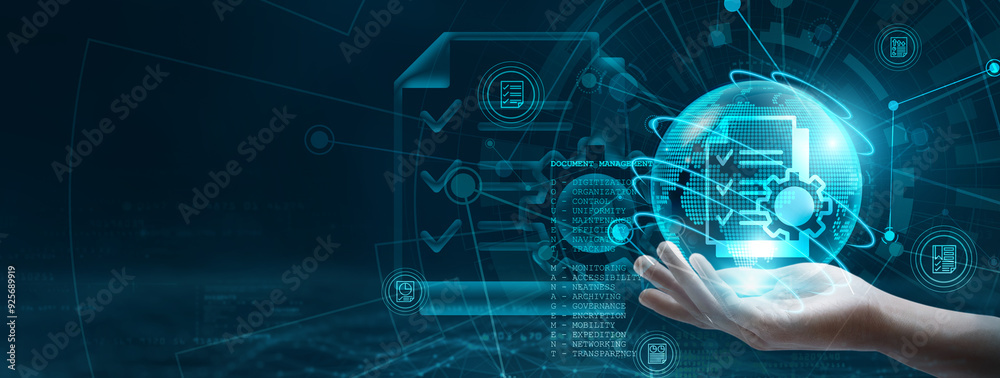 Document Management. Hand holding document management globe with network connecting data ...