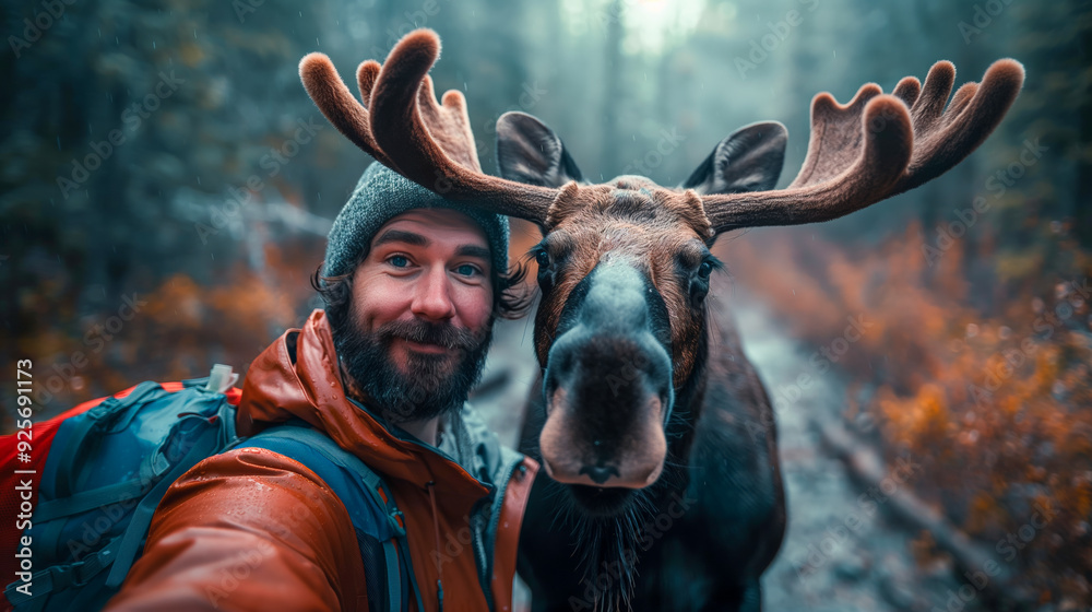 Bearded man in outdoor gear taking a selfie with a moose in a misty ...