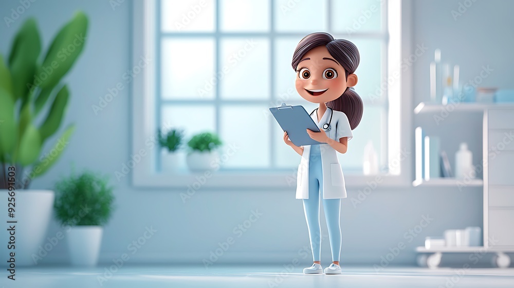 A 3D clipart of a happy nurse holding a clipboard, standing in a softly ...