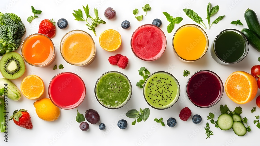 Smoothie with fresh pressed fruit and vegetable juices over a white ...