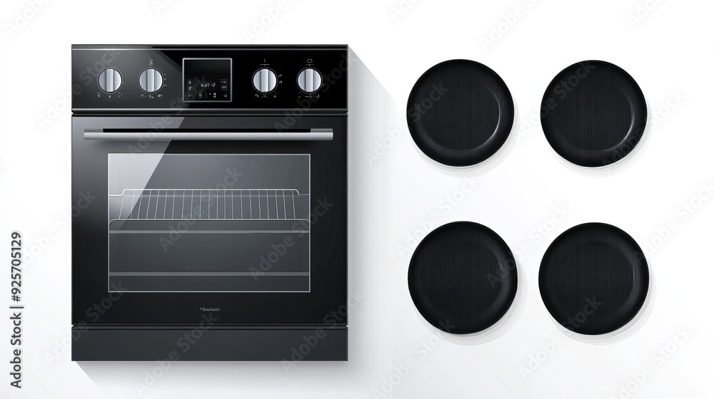 Front and top views of an electric stove and induction cooking panel ...