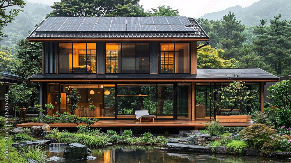 Solar Cell House with Roof Water Collection: A house with solar panels ...