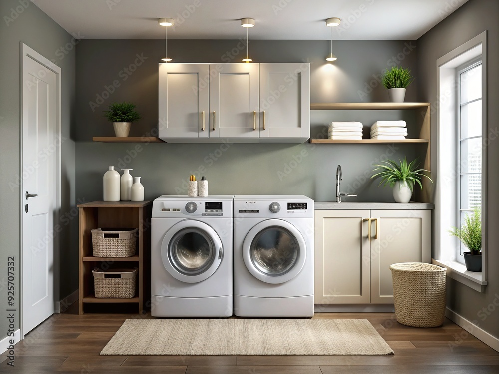 ภาพประกอบสต็อก Modern white laundry appliances, including a front-load ...