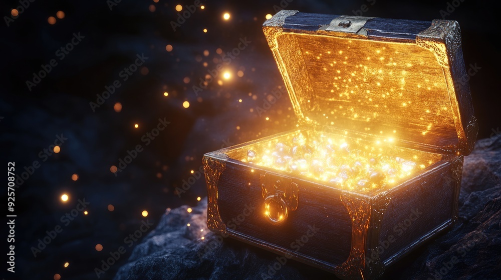 A glowing treasure chest, opened to unveil a magical aura and a ...