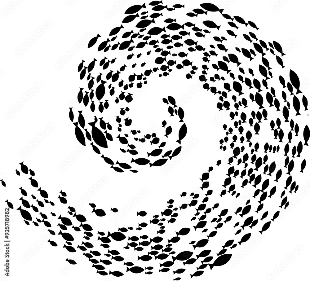 Shoal of fish. Ocean fishes silhouettes in a circle shape. School of ...