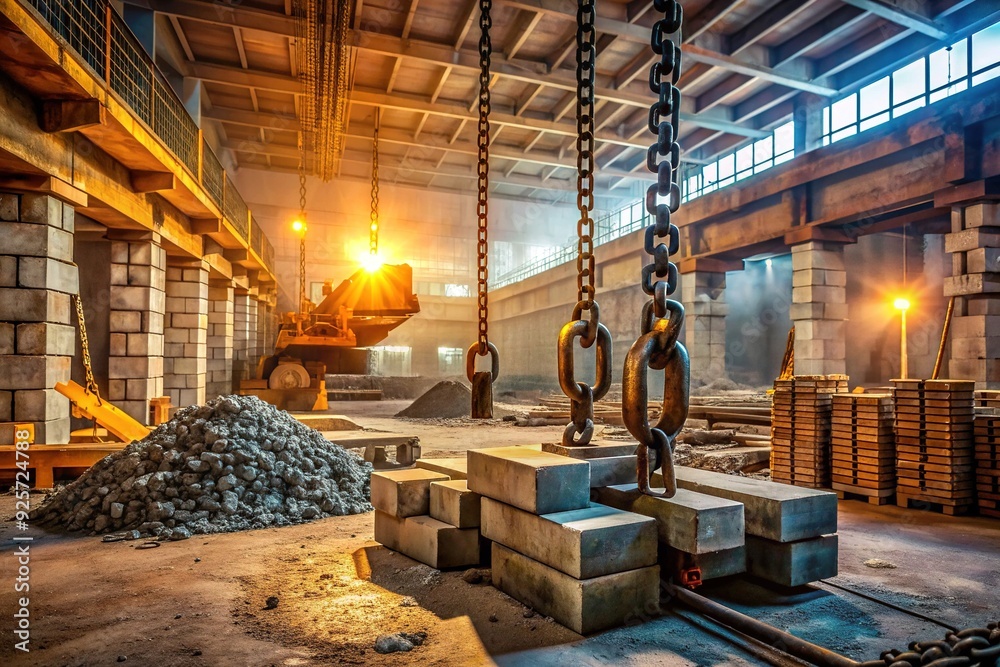 Rusty metal chain hoist lifts massive concrete blocks in a dimly lit ...