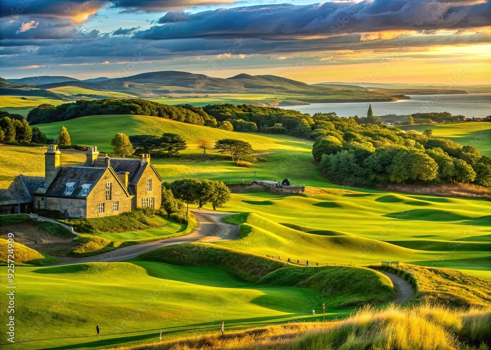 Scenic morning view of iconic Scottish golf links with lush green ...