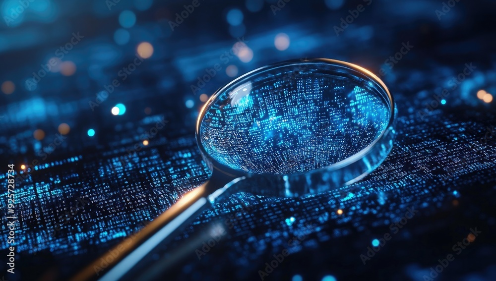 A magnifying glass floating over digital data, representing searching ...