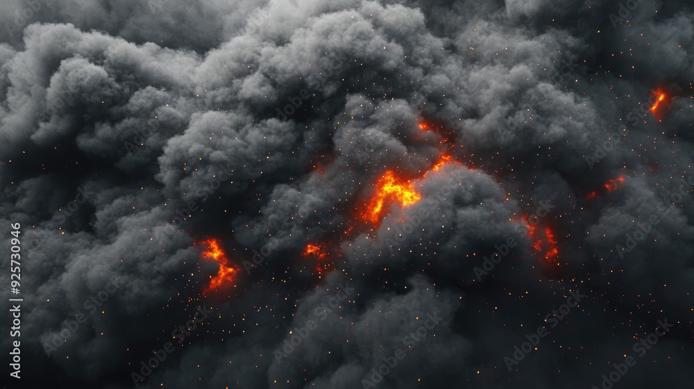 Fire and smoke chaos: A scene of fire explosion particles amidst thick ...