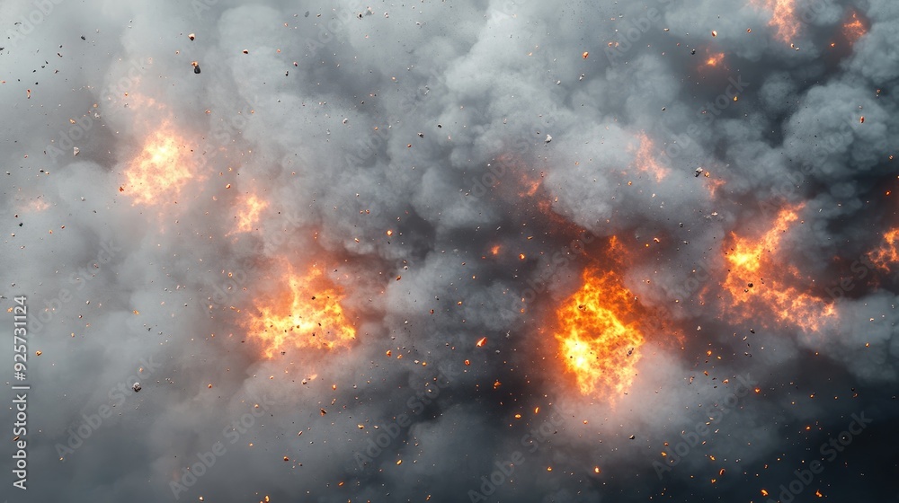 Fire and smoke chaos: A scene of fire explosion particles amidst thick ...