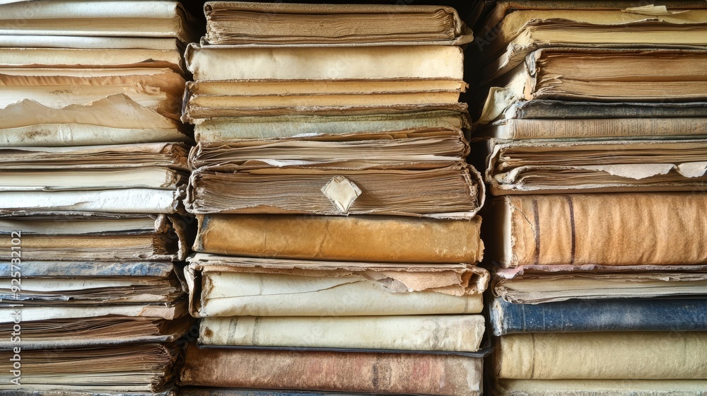 Ancient archives A detailed view of a stack of ancient, yellowed papers ...