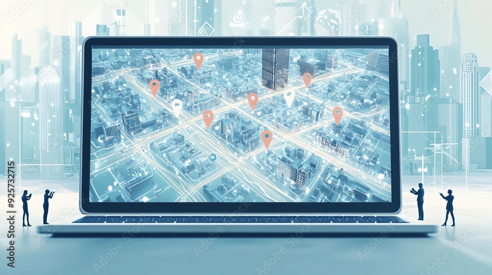 Urban store location mapping A giant laptop screen showing a city map ...