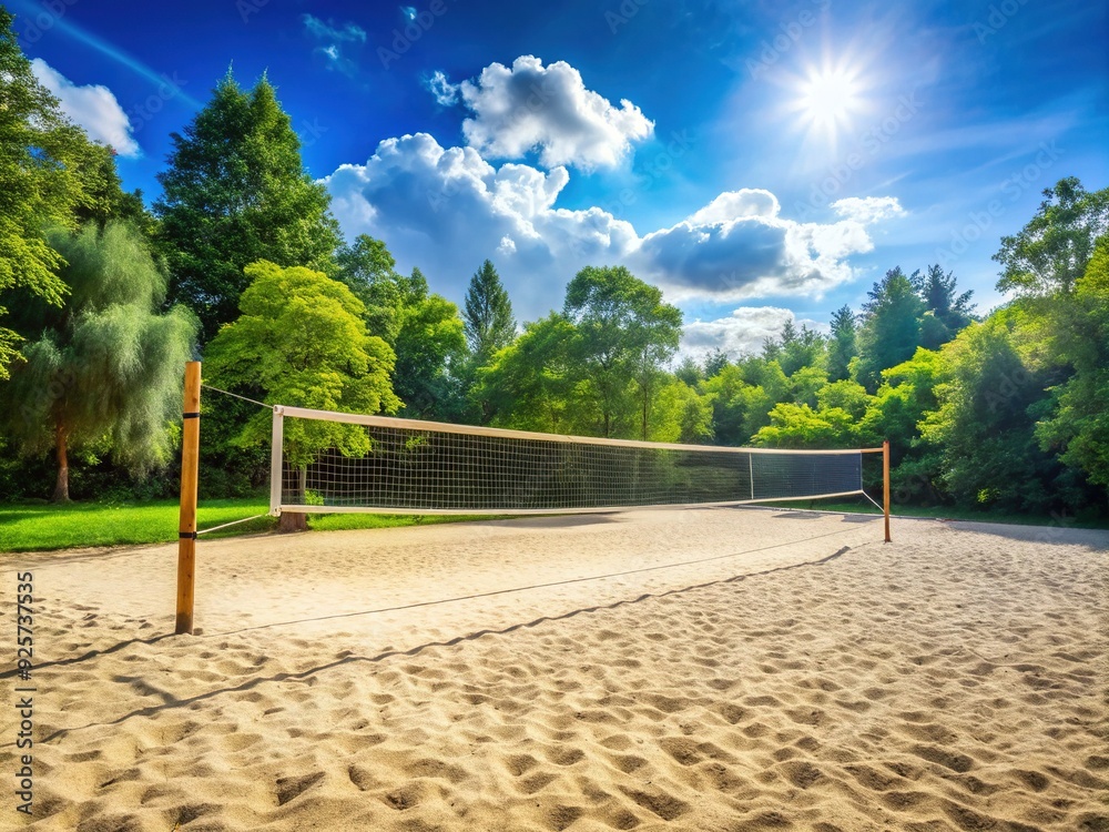 Sunny outdoor volleyball court surrounded by lush greenery, with a net ...