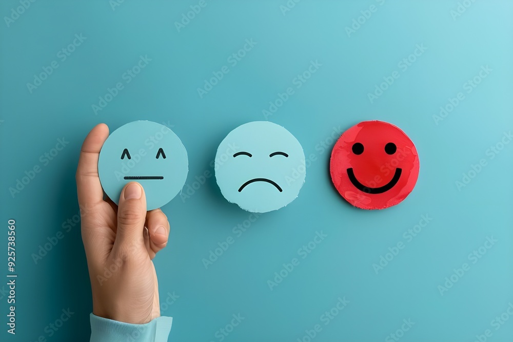 Hand touching happy smiley face symbol on blue background with other ...