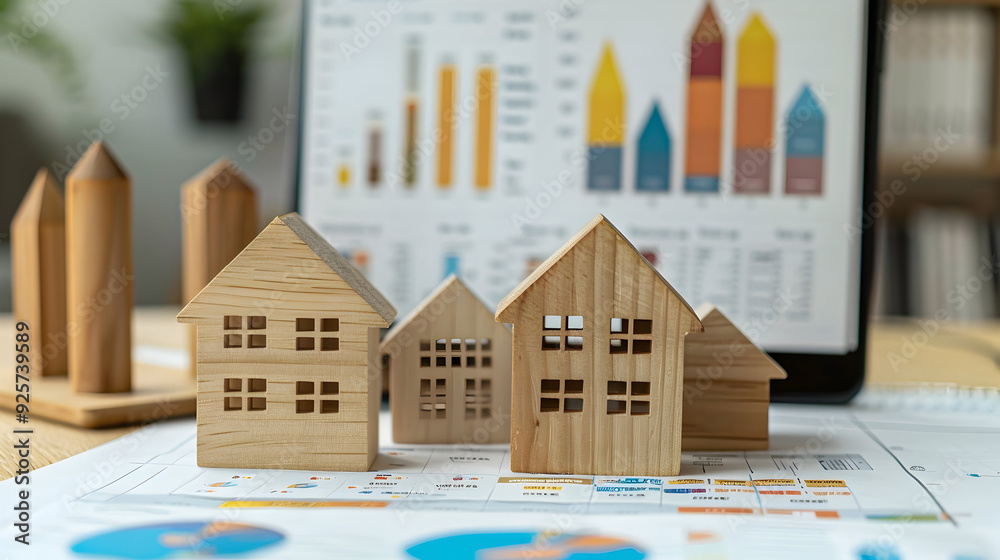 Wooden figures of houses and a poster with information charts with a ...