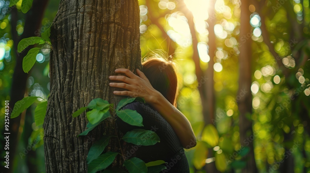 Nature lovers embrace big trees. green forest in the rainy season ...