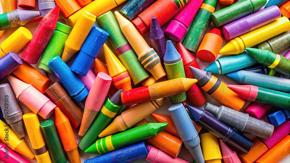 Vibrant crayons in assorted colors and shapes, scattered randomly on a ...