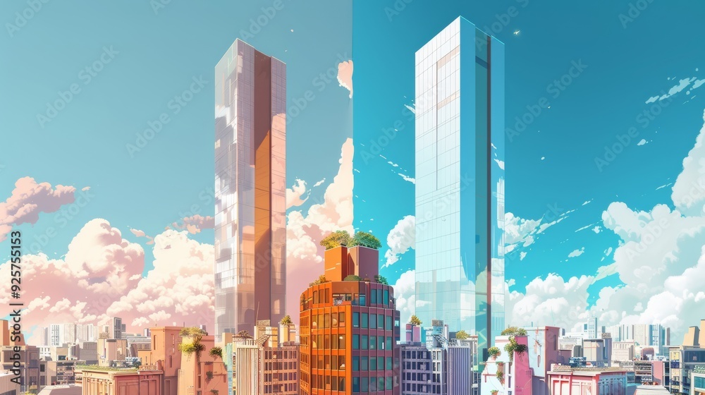 cartoon of a a juxtaposition of a small commercial skyscraper vs a ...