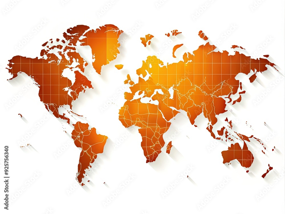 Vibrant orange world map with bold country borders and subtle shading ...