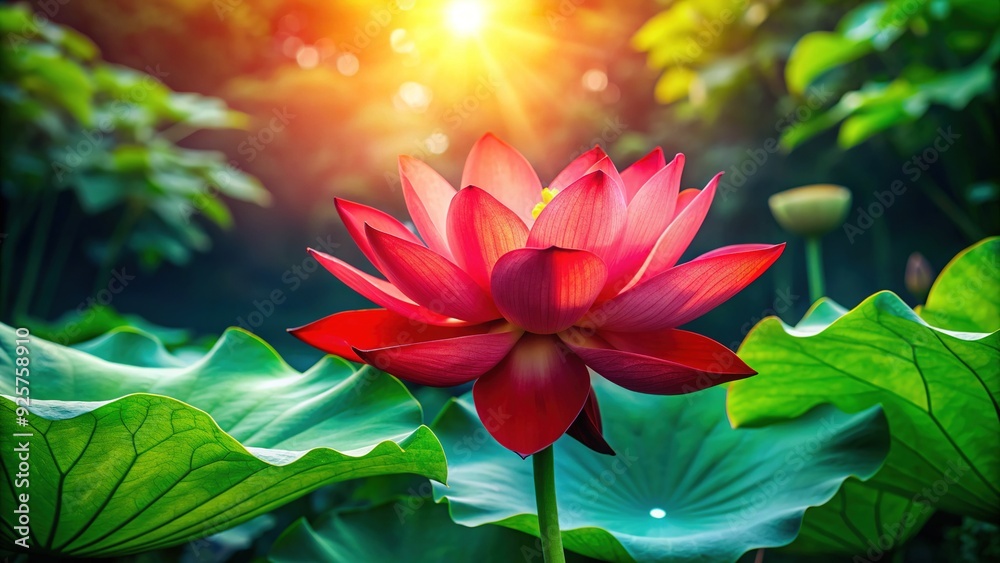 Vibrant red lotus flower blooms amidst lush greenery, symbolizing ...