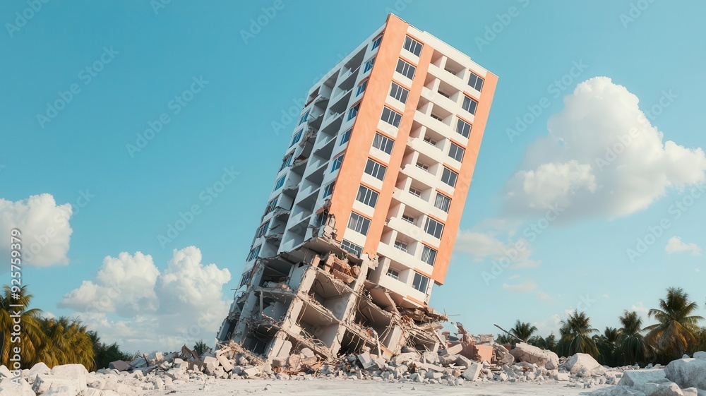 A residential apartment tower leaning precariously after being hit by ...