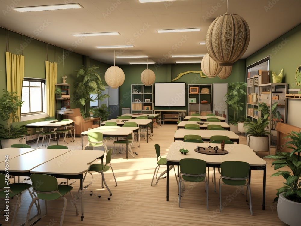 Bright and airy classroom with green accents and natural light. There ...
