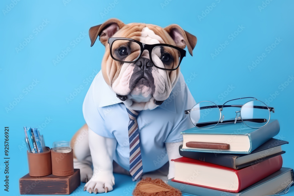 studio shot, Cute puppy bulldog and old books . Concept of care ...