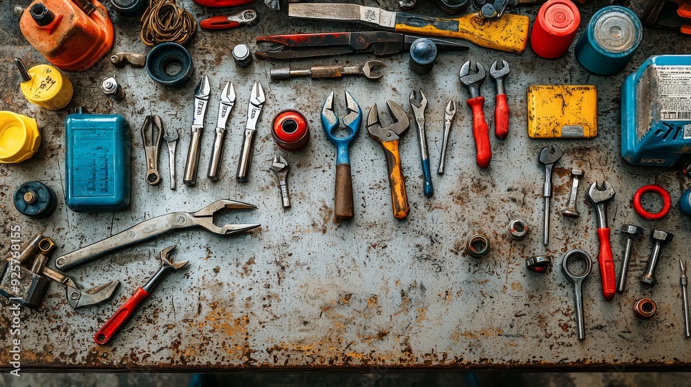 top view illustration of an assortment of car mechanics tools ...