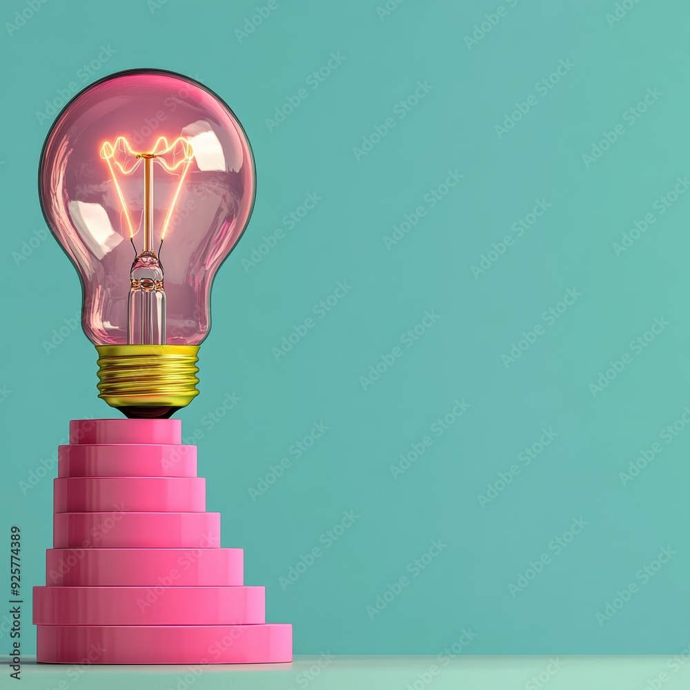 A glowing light bulb atop pink stacked steps on a teal background ...