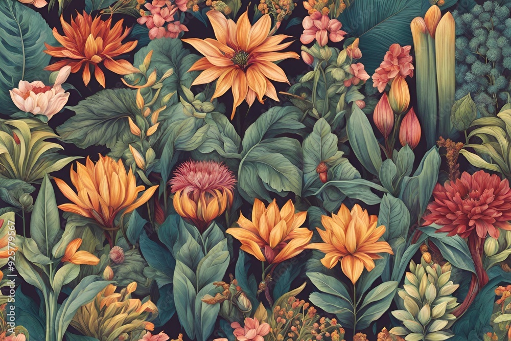 A pattern of African flora, with exotic flowers and plants native to ...
