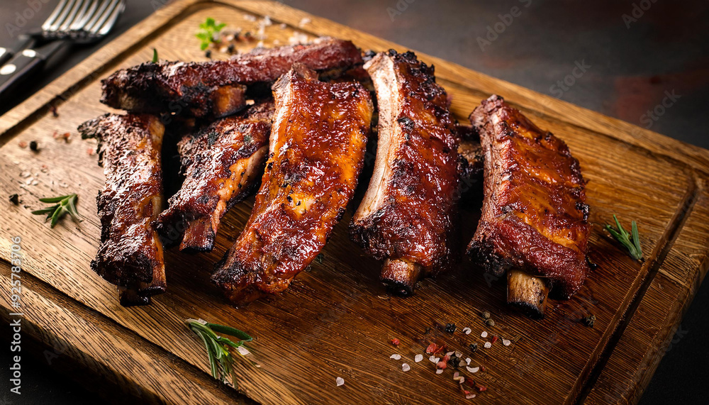 Juicy Grilled Pork Ribs on a Rustic Wooden Board, Showcasing Tender ...