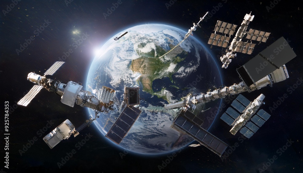 3D illustration of a cluster of space debris, junk and satellites ...