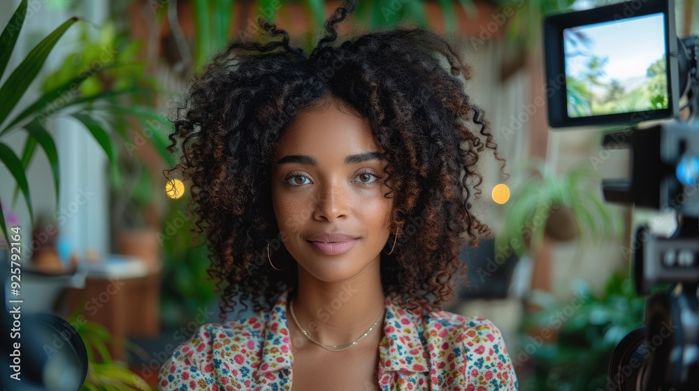 woman sitting interview chair testimony in a clean studio with big led ...