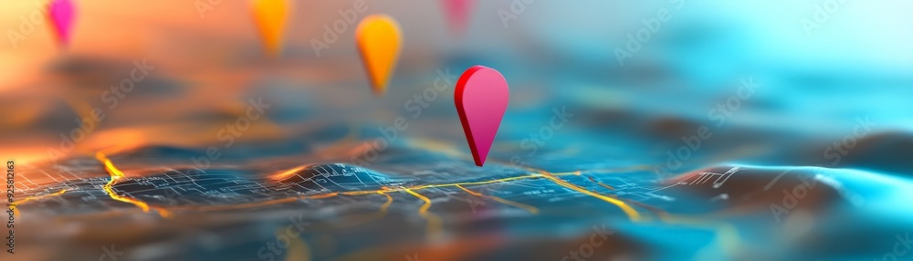 Colorful map markers on a digital terrain, representing GPS locations ...