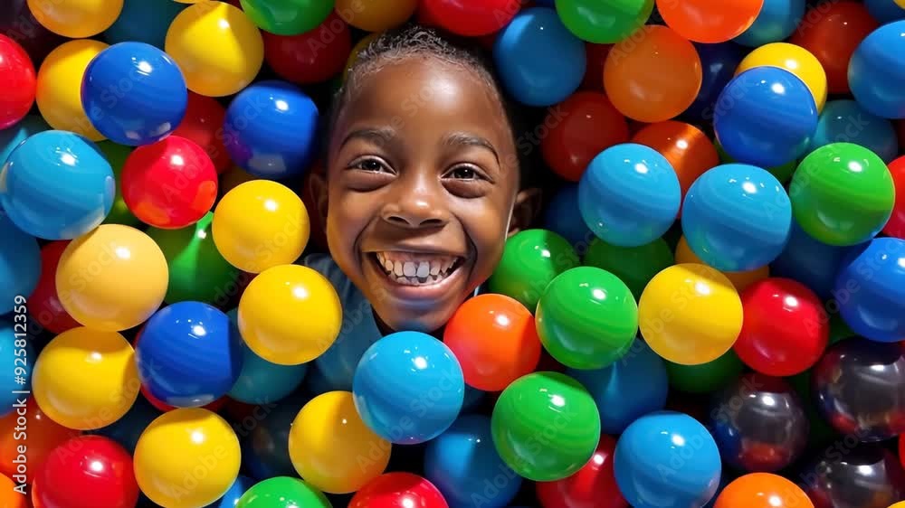 laughing child boy having fun in ball pit on birthday party in kids ...